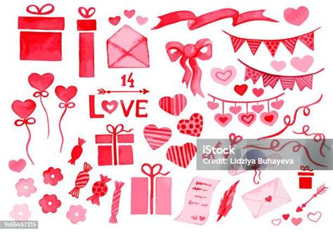 발렌타인 데이 세트 풍선 선물 상자 하트 키 화살표 심장 과자 편지 메시지 봉투 리본 2월에 대한 스톡 벡터 아트 및 기타 이미지 Istock
