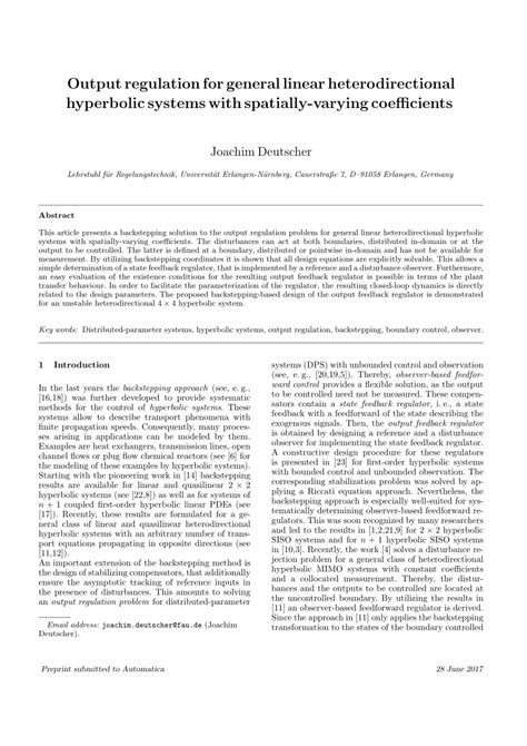 Pdf Output Regulation For General Linear Heterodirectional Hyperbolic Systems With Spatially