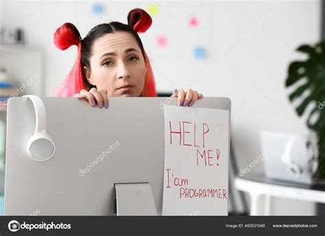 Upset Female Programmer Paper Sheet Text Help Programmer Office Stock