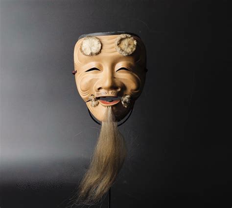Japanese Okina Noh Mask Old Male With Long White Beard Expressing