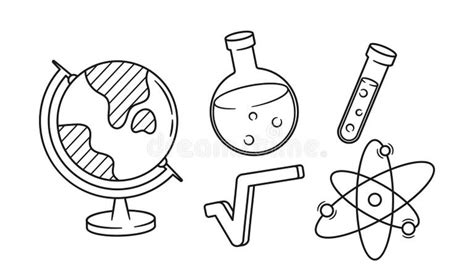 Hand Drawn School Science Doodles Including Globe Flask Test Tube And Atom Sketches