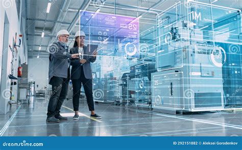 Factory Digitalization Two Industrial Engineers Use Tablet Computer Ai Big Data Analysis Stock