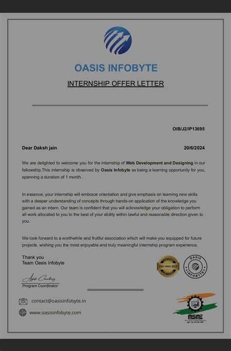 daksh jain on linkedin oasisinfobyte internship fullstackdeveloperintern careergrowth