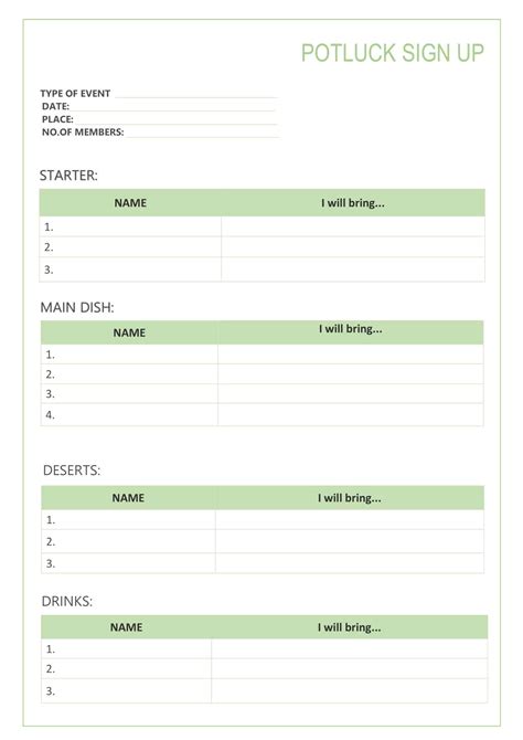 Free Printable Potluck Signup Sheet Templates [pdf Word Excel]