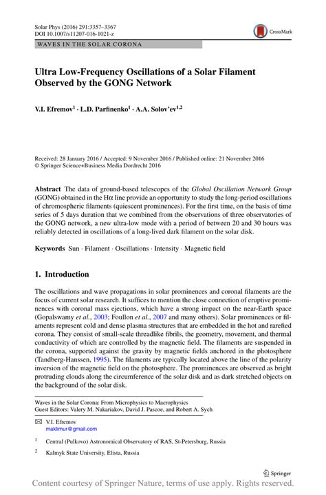 Ultra Low Frequency Oscillations Of A Solar Filament Observed By The Gong Network Request Pdf