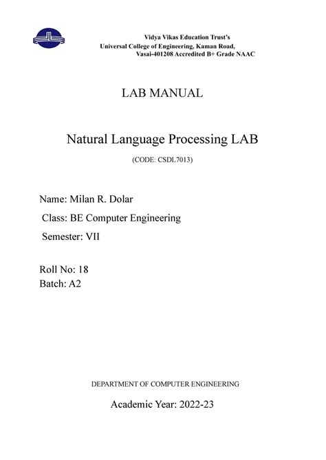Lab Manual Submission NLP LAB MANUAL Natural Language Processing LAB