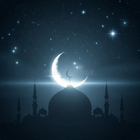 Crescent Moon Over Mosque Dome Silhouette Under Starry Night Sky Isra