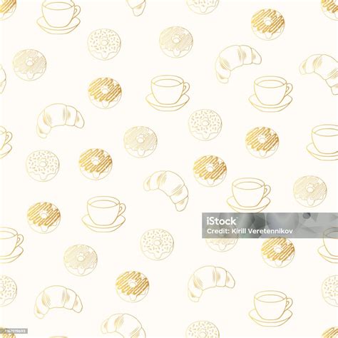 도넛 크루아상 이음새없는 패턴이있는 골든 핫 에스프레소 컵 커피 카페 메뉴 상점 또는 집에 대한 골드 배경 벡터 절연 그림입니다