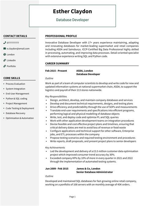 Database Developer CV Example Guide Land Great Jobs