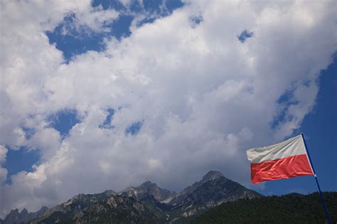 바람에 펄럭이는 폴란드 국기 배경에 알프스 산과 푸른 하늘 관광에 대한 스톡 사진 및 기타 이미지 관광 관광객 구름 Istock