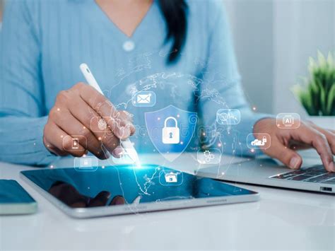 Businesswoman Showing Key And Network Security Represents Protection Against Cyber Attacks And