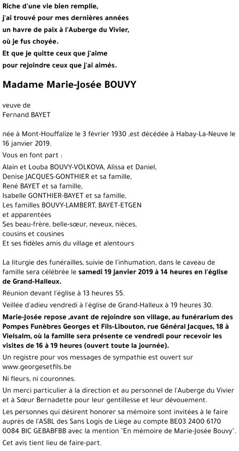 Avis De Décès De Marie Josée Bouvy Décédé Le 16 01 2019 à Habay La