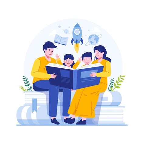 Feliz Dia Da Alfabetização Ilustração Família Lendo Um Livro Pai Mãe