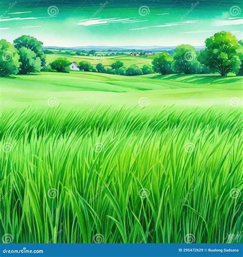 Drawing Field Of Lush Grass On Gentle And Grassy Grassland In Rural Stock Illustration