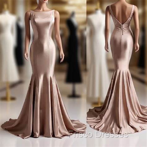 Deep Champagne Mermaid Simple Satin Long Formal Prom Dress Backless Ev