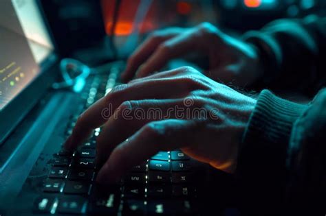 Hacker Typing On Notebook Keyboard In Dark Room Stock Illustration Illustration Of Data