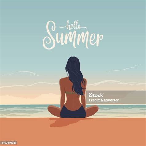 벡터는 해변에 앉아 리조트를 즐기며 여름철 해변 모래 해변에서 휴식을 취하고 뒷모습을 감상한다 안녕하세요 여름 컨셉입니다 블루