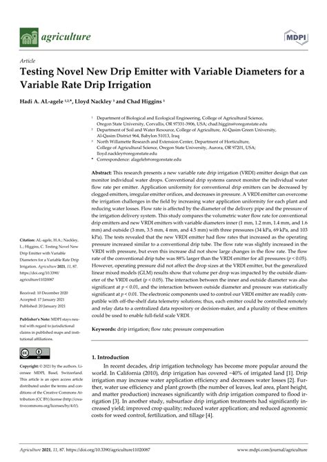 Pdf Testing Novel New Drip Emitter With Variable Diameters For A Variable Rate Drip Irrigation