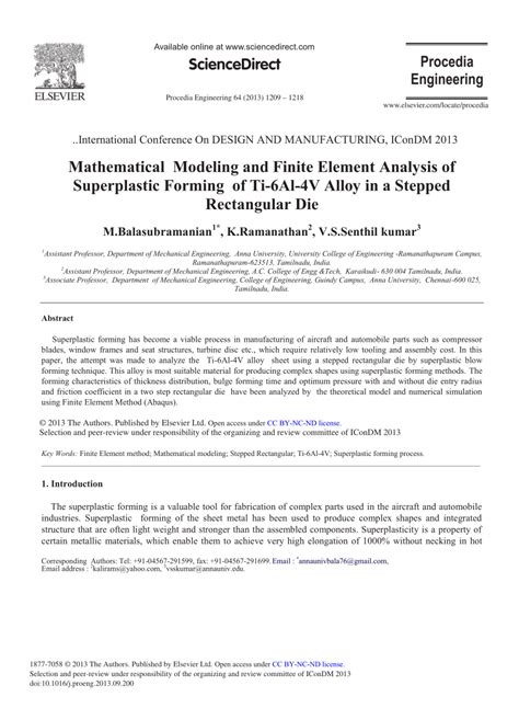Pdf Mathematical Modeling And Finite Element Analysis Of Superplastic Forming Of Ti 6al 4v