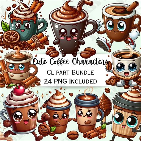 24 Cute Coffee Characters Clipart Bundle Caffeine Card Making