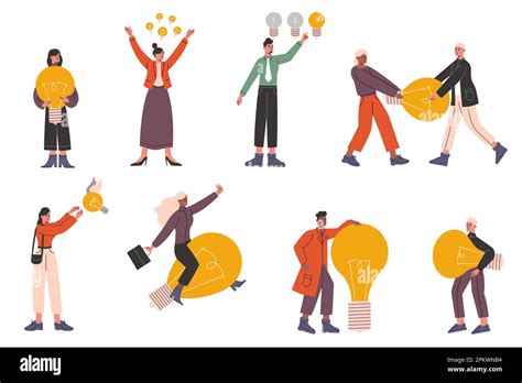 Cartoon People With Idea Bulb Searching Solution Funny Men And Women With Big Burning Lamps