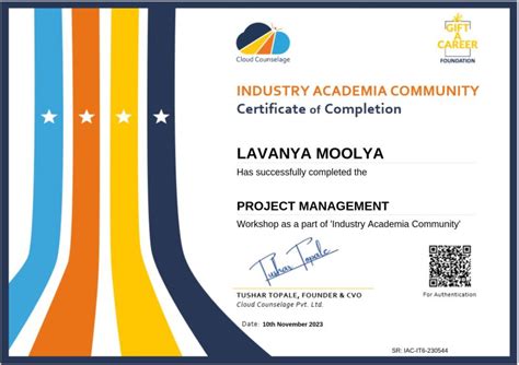 Completion Of Project Management Workshop Lavanya Moolya Posted On