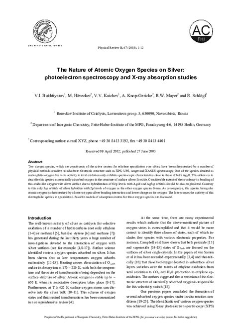 Atomic Oxygen Species On Silver Photoelectron Spectroscopy And X Ray