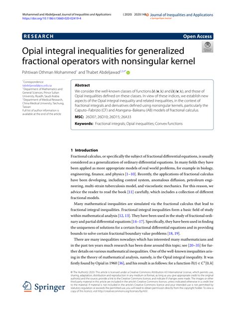 Pdf Opial Integral Inequalities For Generalized Fractional Operators