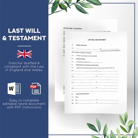 Last Will And Testament Template Uk Compliant With The Law In England And Wales Comes With A