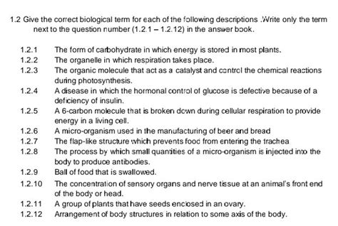 12 Give The Correct Biological Term For Each Of The Following Descriptio