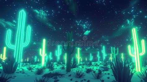 Neon Cactus Desert Night Landscape Glowing Plants Under Starry Sky