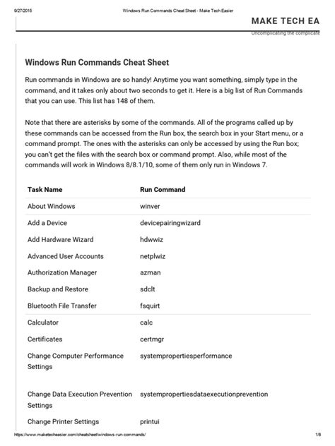 Windows Run Commands Cheat Sheet Make Tech Easier Pdf Microsoft