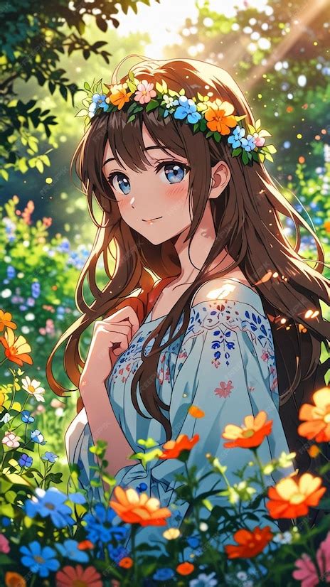 Anime Girl In A Garden With Flowers Premium Ai Generated Image