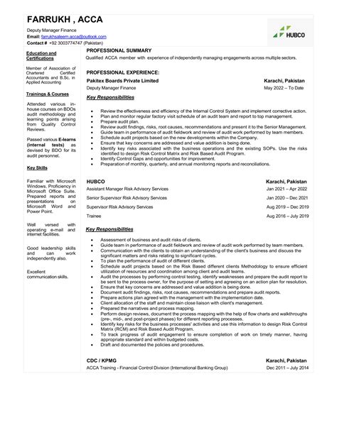 Farrukh Acca Cv With Good Experience In Finance Pdf