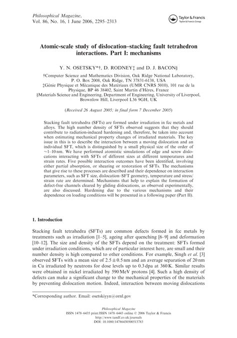 PDF Atomic Scale Study Of Dislocation Stacking Fault Tetrahedron Interactions Part I Mechanisms