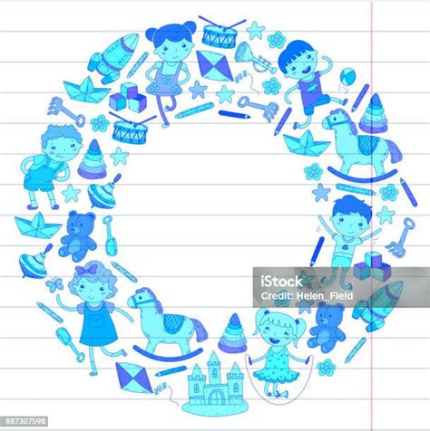 유치원 유치원 보육원 교육 어린이 낙서 패턴 아이 놀이 공부 하는 남자와 여자와 아이 드로잉 아이콘 공간 모험 탐험 상상력 개념 2 3 살에 대한 스톡 벡터 아트 및 기타