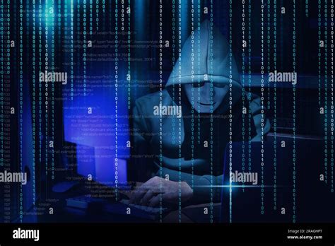 Anonymous Man In Mask With Computers Source And Binary Code In