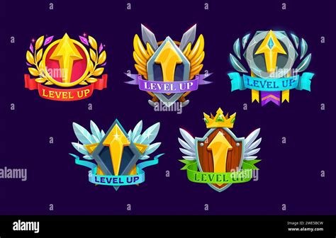 Game Interface Level Up Badges And Win Icons With Arrows Vector Ui