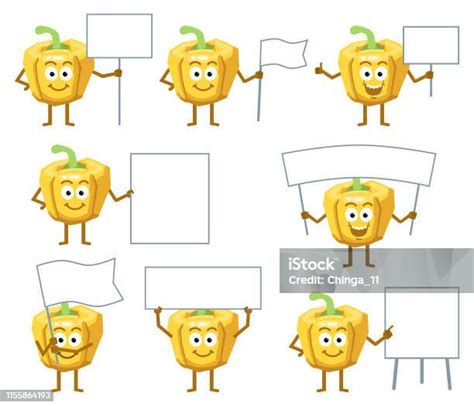 다른 빈 배너 포즈 만화 고추 문자 집합입니다 쾌활 한 고추 지주 종이 포스터 플 래 카드 화이트 보드를 가리키는 교육 광고 홍보 가리키기에 대한 스톡 벡터 아트 및 기타