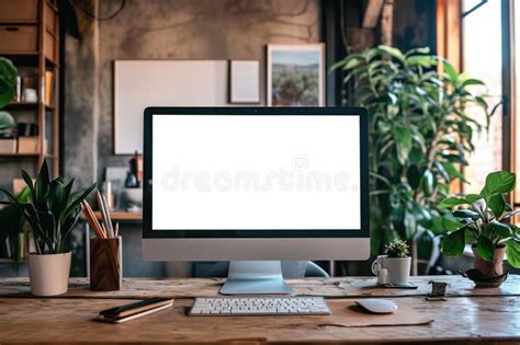 Modern Workspace Mockup With Blank Screen Computer Generative Ai Stock