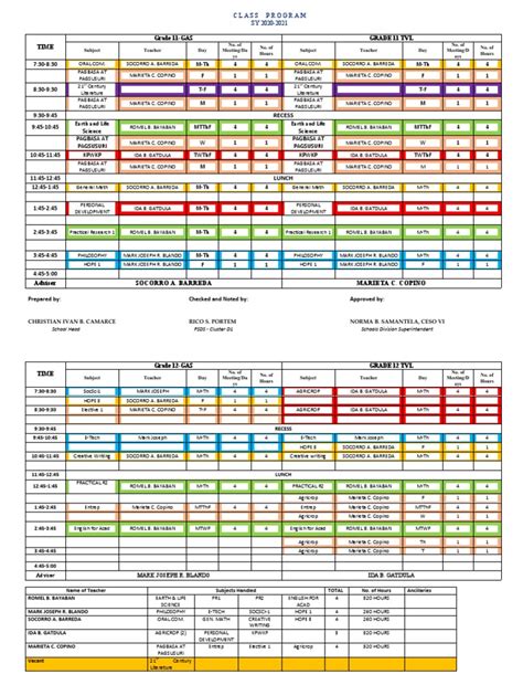 Class Program Shs 2020 2021 Pdf