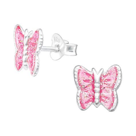 Pink Glitter Butterfly Earrings For Girls In Sterling Silver The