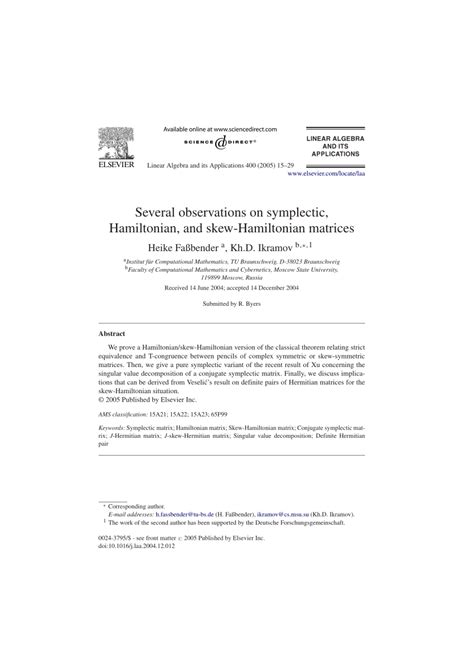 Pdf Several Observations On Symplectic Hamiltonian And Skew Hamiltonian Matrices