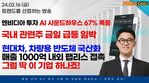 Mbn골드 김태윤 엔비디아 투자한 기업 전일 미국장 폭등 속 국내 관련주는 현대차 차량용 반도체 국산화 매출 1000억 내외 팹리스 접촉 그럼 이 기업이 후보