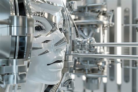 The Robot Factory Is Producing Robot Faces And Heads With Futuristic