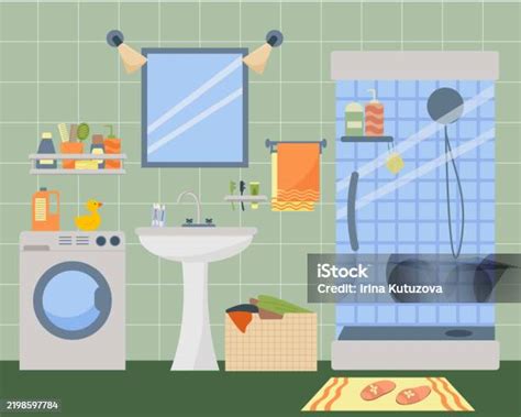 샤워기가 있는 욕실 거울이 있는 세면대 세탁기 세탁 바구니 러그 수건 및 개인 위생 용품 0명에 대한 스톡 벡터 아트 및 기타 이미지 Istock