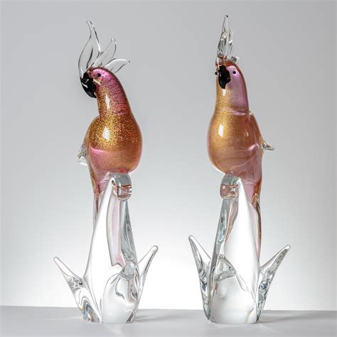 Pair Venetian Glass Exotic Bird Sculptures Vintage Circa 1950 For Sale