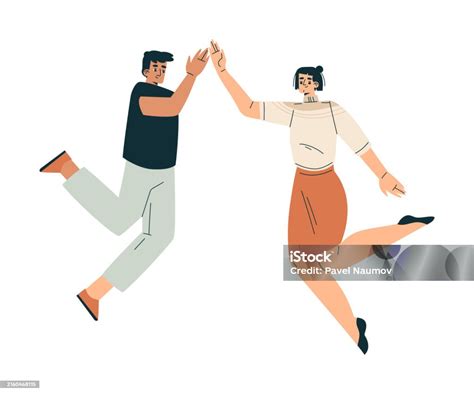 남자와 여자 캐릭터 주는 것 하이 파이브 손 몸짓 와 기쁨 벡터 일러스트 긍정적인 감정 표현에 대한 스톡 벡터 아트 및 기타