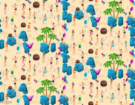 일찍 원활한 배경 3d 소녀와 해변 생일 파티 이 비자 파티 손바닥 케이크 선물에 편안한 남자 걷기에 대한 스톡 벡터 아트 및 기타 이미지 Istock