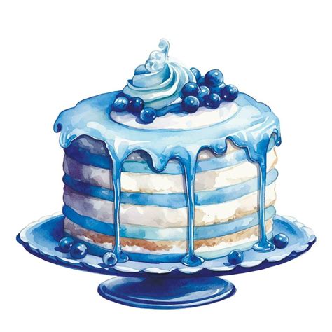 Cute Watercolor Illustration Birthday Cake In Blue Color Theme